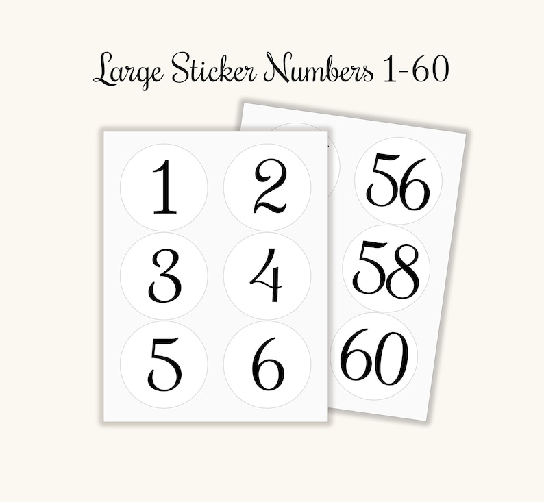 NUMBERS #1-#60 STICKERS Sequential, Large 3-1/3" Circle Labels ...