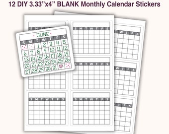 Black and White monthly blank Square Tracker Calendar Stickers fill in ...