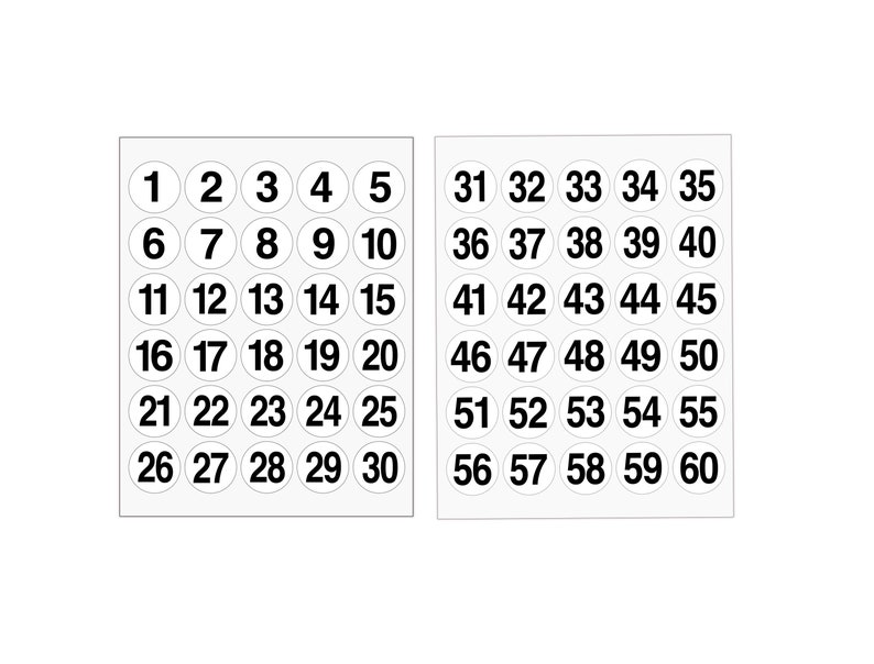 NUMBERS #1-#60 STICKERS Sequential, 1-1/2" Circle Labels Consecutive ...