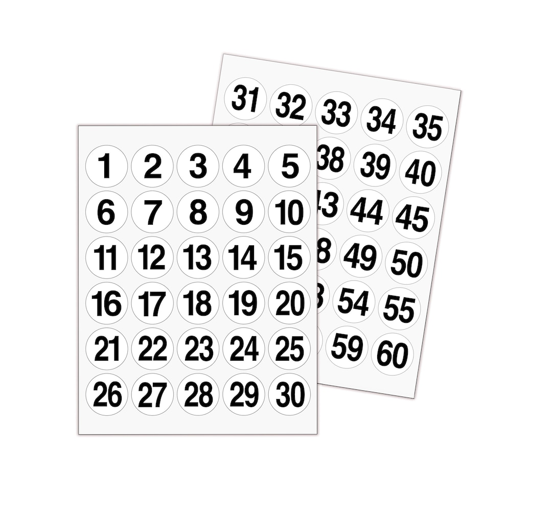 NUMBERS #1-#60 STICKERS Sequential, 1-1/2" Circle Labels Consecutive ...
