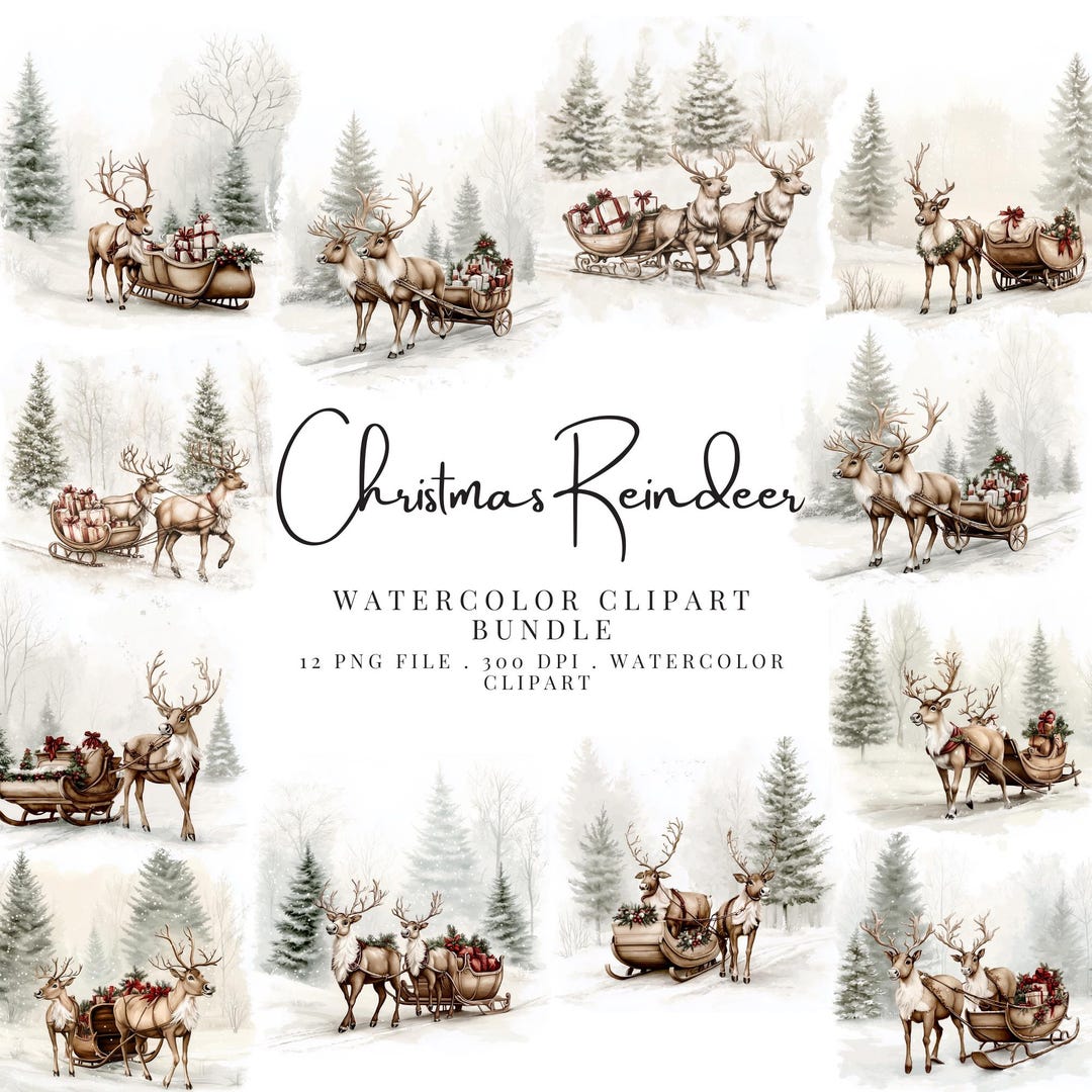 12 Watercolor Christmas Reindeer| Clipart Bundle| Christmas Card ...