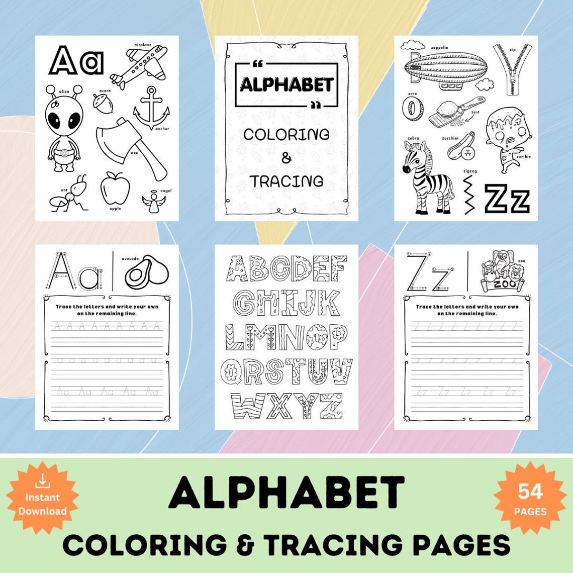 Printable Alphabet Coloring & Tracing Pages, Kids Worksheets, Alphabet ...