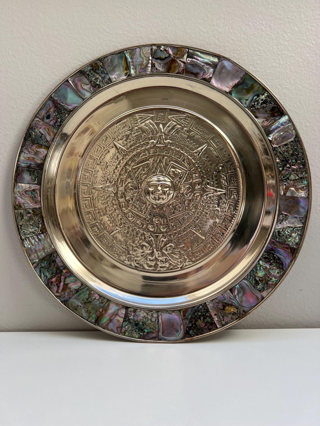 Mexican Alpaca Silver Plate With Abalone Shell Inlay, Aztec Calendar - Etsy