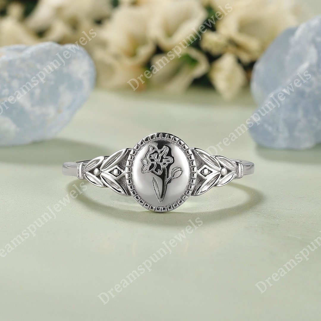 Vintage Personalized Birth Flower Signet Ring Gold White Gold Ring 12 ...