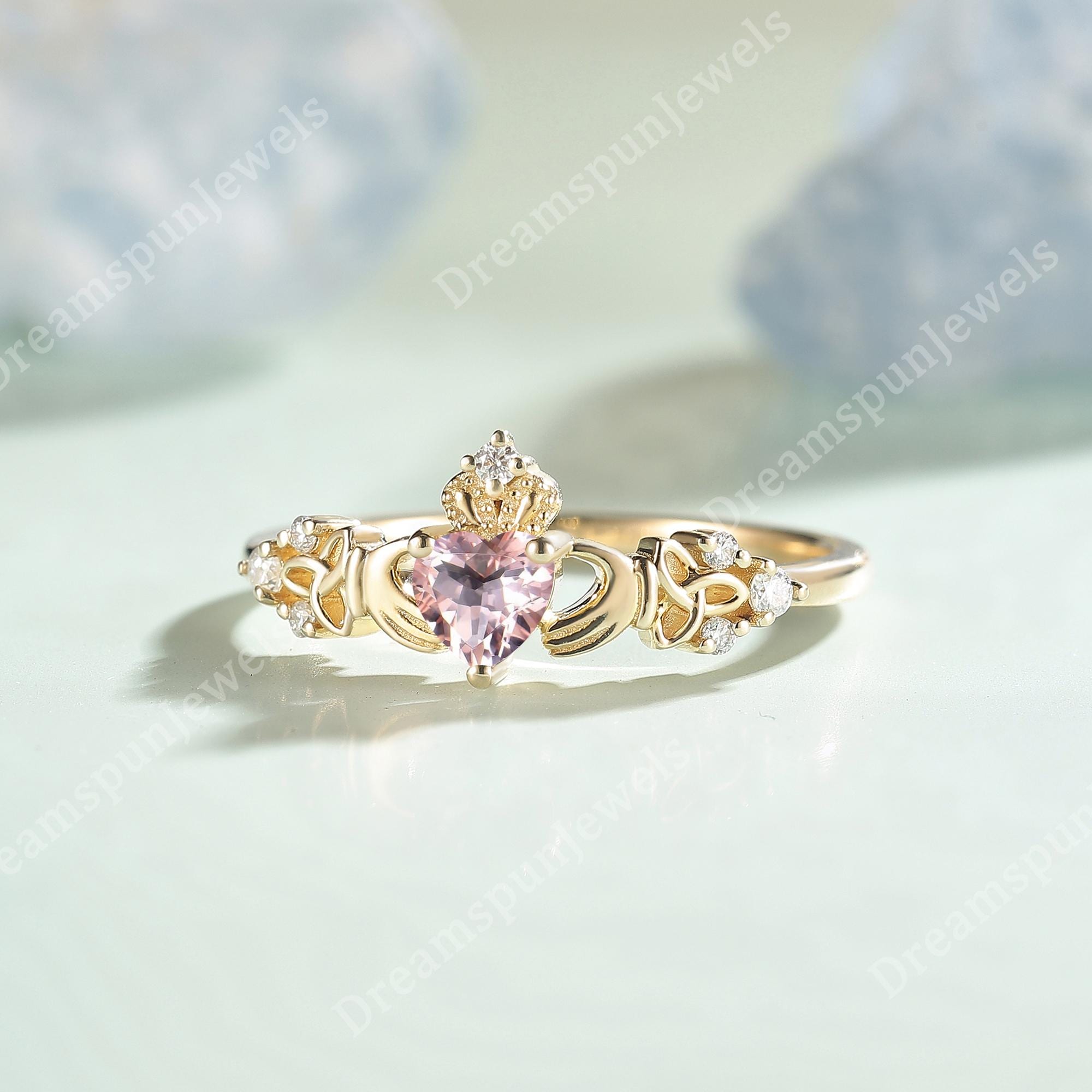 Unique Heart Morganite Claddagh Ring Gold Hand Ring Celtic Knot Ring ...