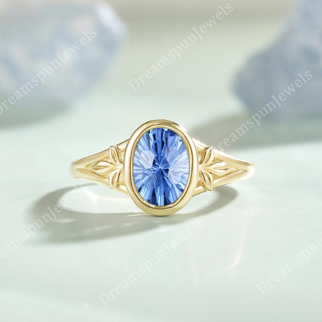 Firework Cut Sapphire Engagement Ring Bezel Ring Sapphire Ring Engraved ...
