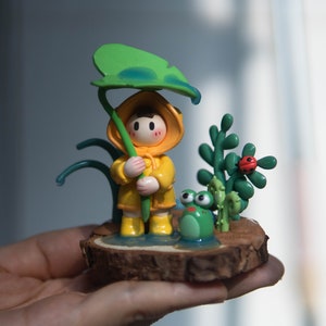Children and Frogs on a Rainy Day Desk Buddy Clay Frog Figurine Frog ...