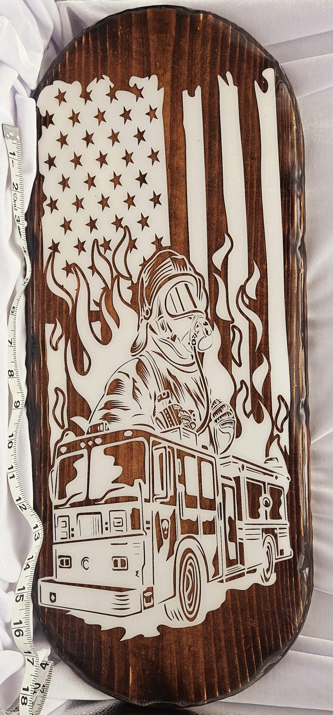 Firefighters Plaque With Truck and Flag Graphics and Clear Epoxy Resin ...
