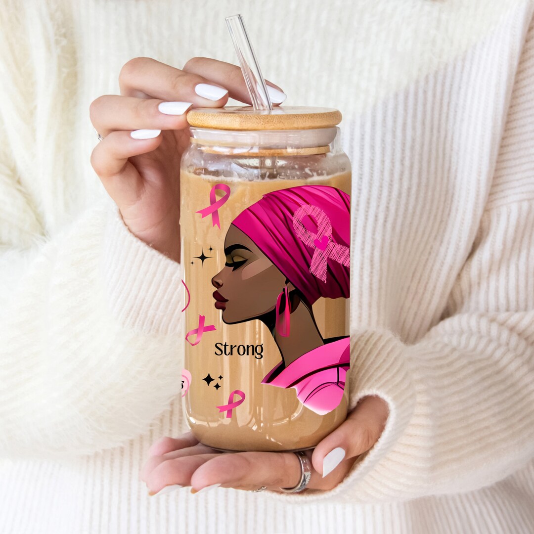Breast Cancer Awareness Glass Cup: Strong Woman Design, Bamboo Lid ...