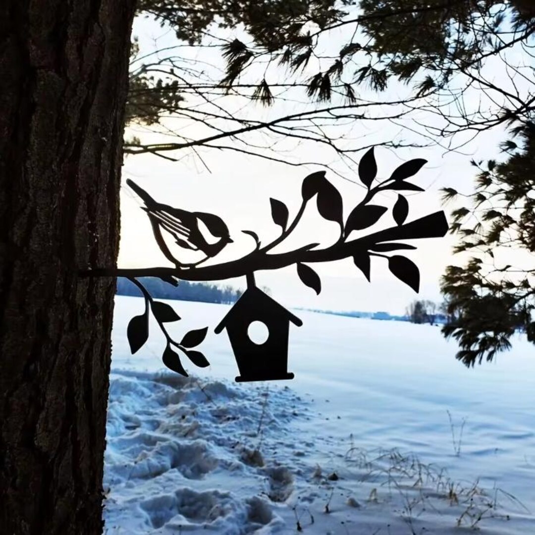 Metal Sparrow and Birdhouse, Garden Art, Tree Decoration, Patio, Yard ...