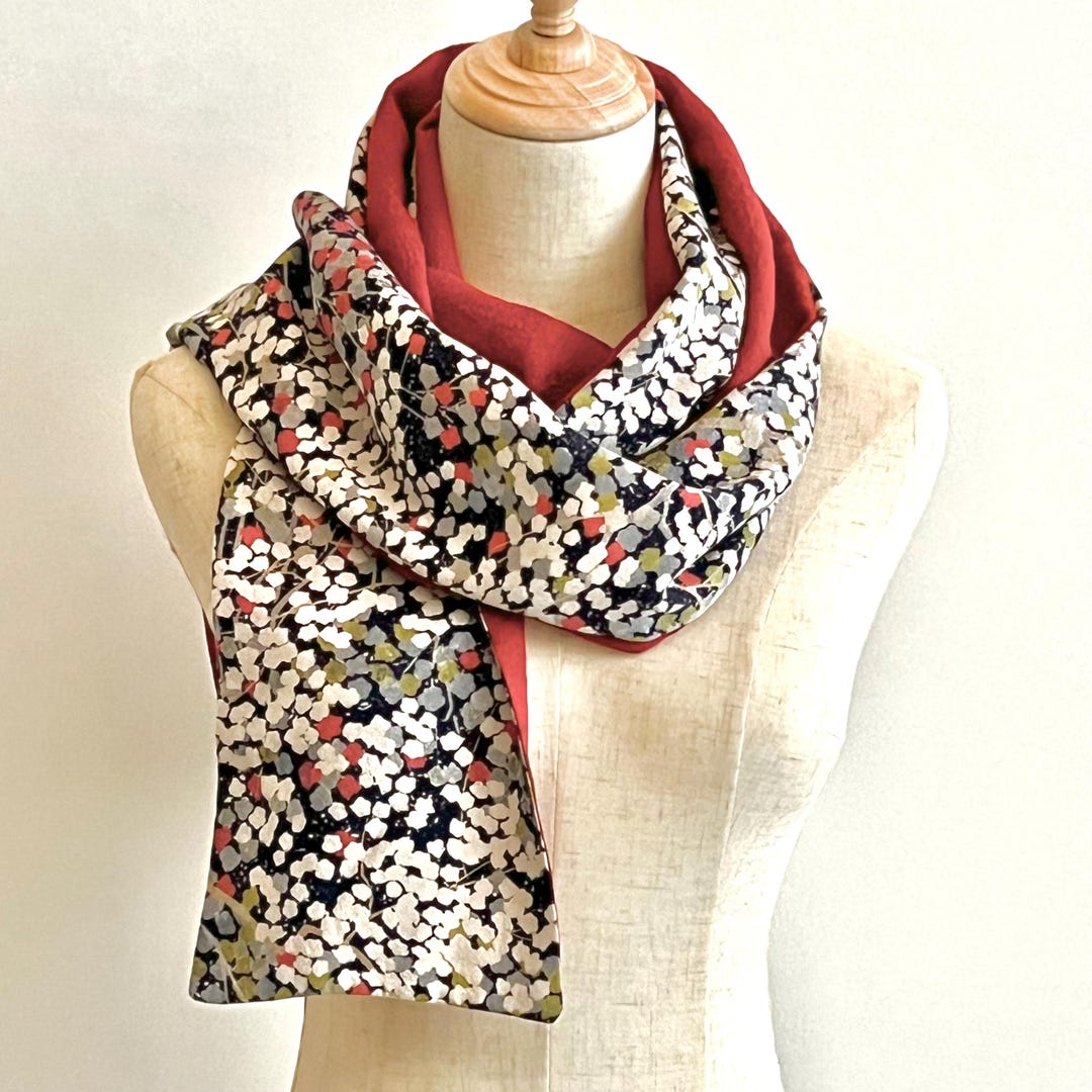 Japanese Kimono Silk Scarf - Long Style, Brick Red and Small Floral ...