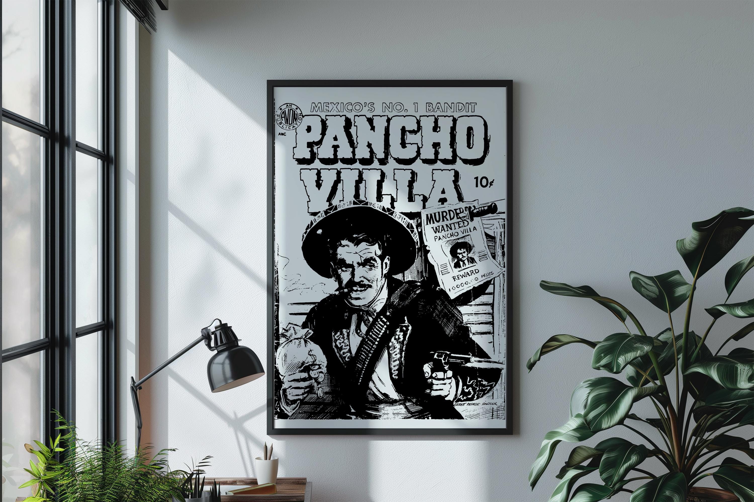 Vintage Pancho Villa Comic Book Pop Art Style Black and White Digital ...