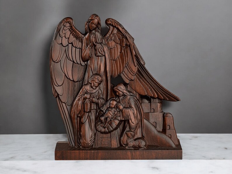 Handcrafted Guardian Angel With Holy Family Statue - Beechwood Nativity ...