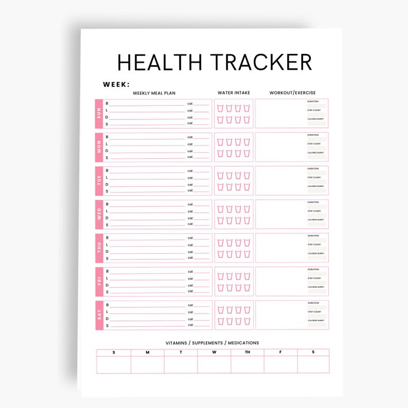 HEALTH TRACKER PRINTABLE, Wellness Planner, Weekly Meal Plan, Water ...