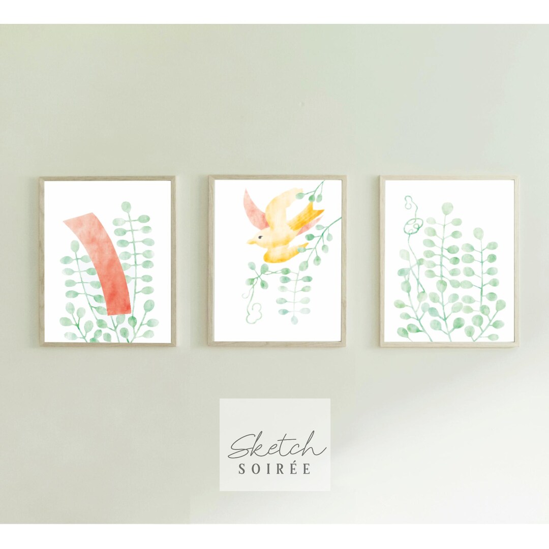 Bird & Ribbon Triptych | Asian Watercolor Art Set | Go-stop Hanafuda ...