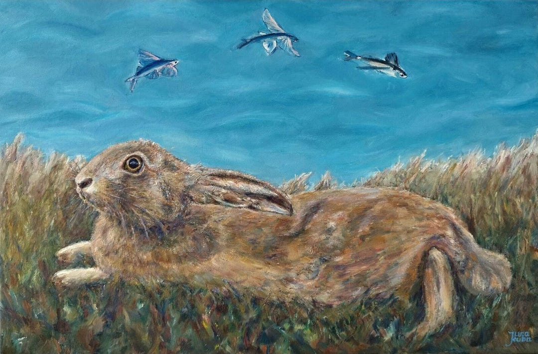 Hare and Jumping Fish. Bunny Laying at the Seaside. Imaginery Animal ...