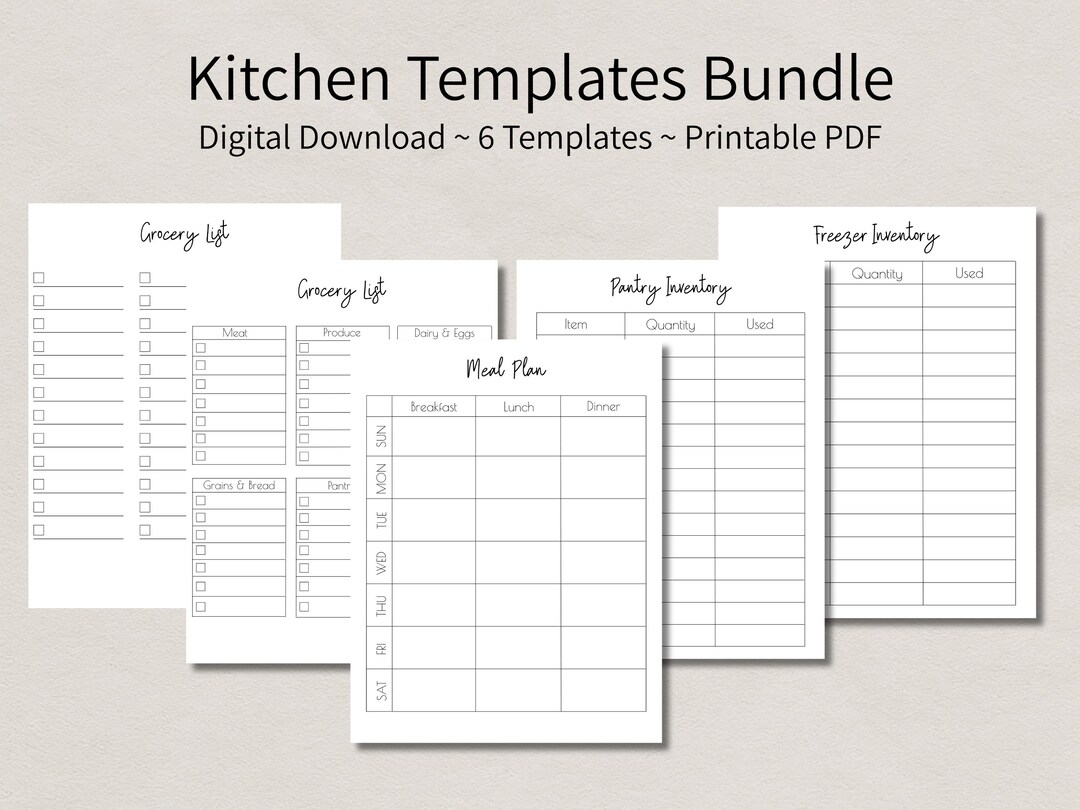 Kitchen Templates Meal Plan Grocery List Pantry Inventory Freezer ...