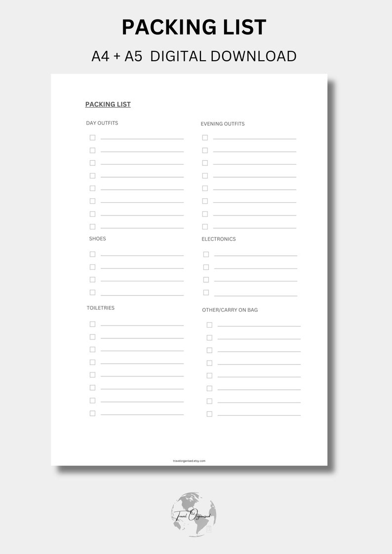 Travel Packing List Printable, Travel Organiser, Packing List, Travel ...