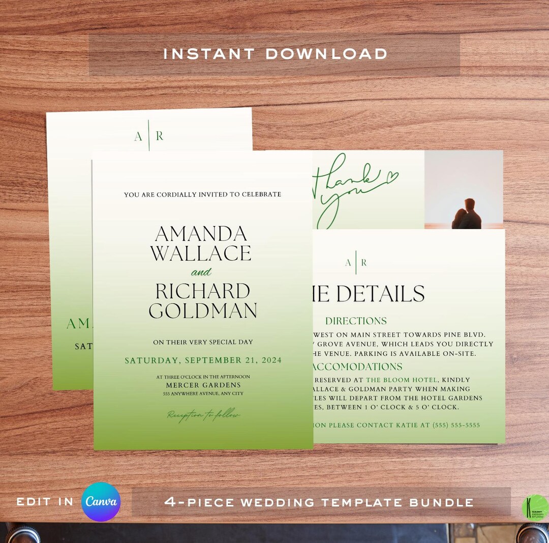 4PC LIGHT GREEN Wedding Invitation Template, Wedding Invitation Set ...