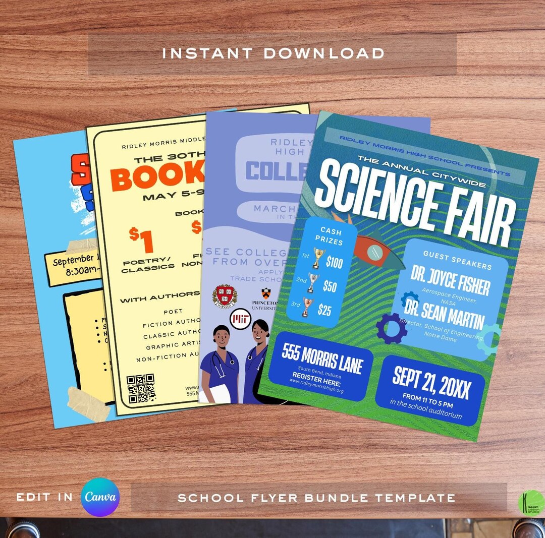 4PC School Flyer Bundle, Science Fair, College Fair, Book Fair, School ...