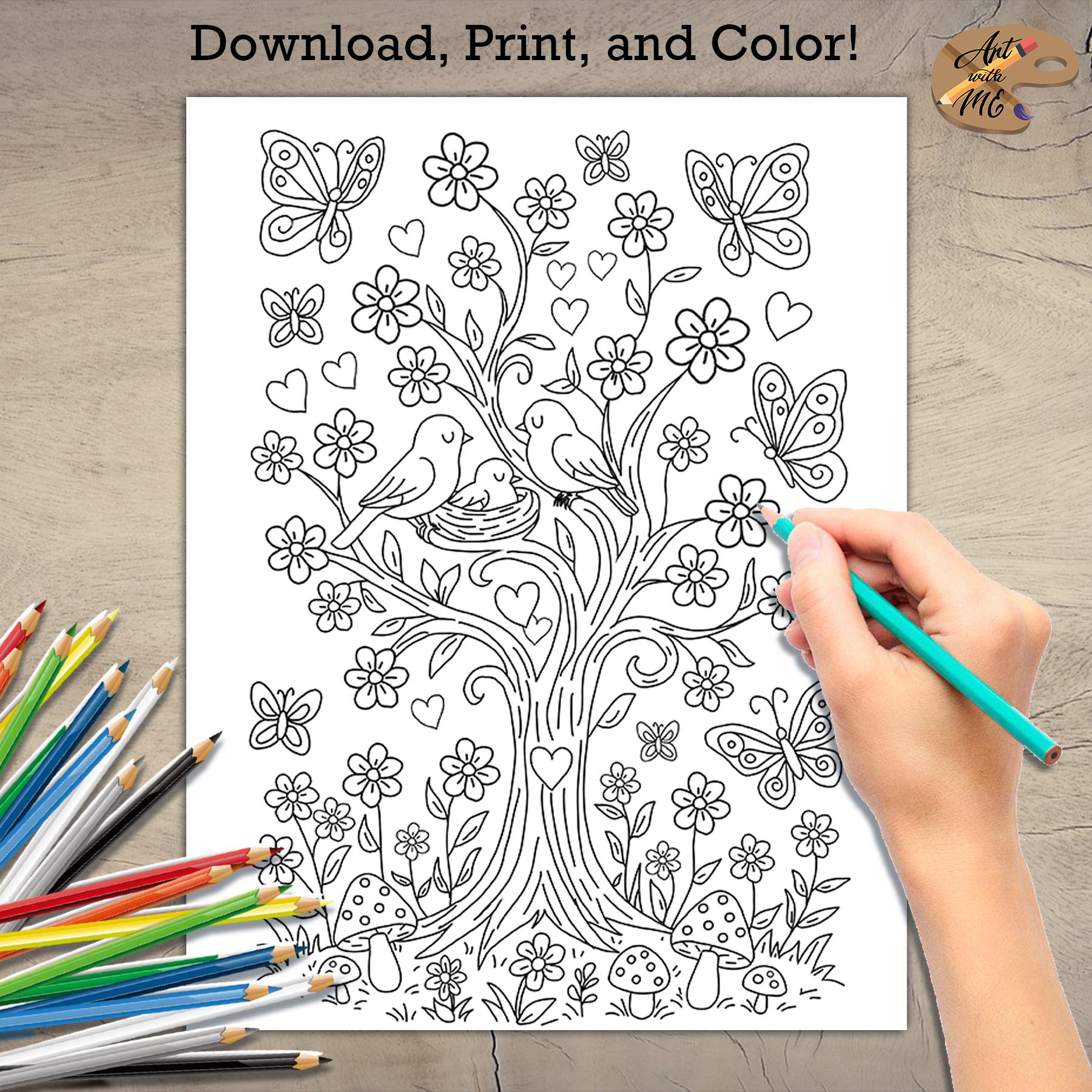 Spring Tree Coloring Page: Birds, Butterflies, Flowers (printable) - Etsy