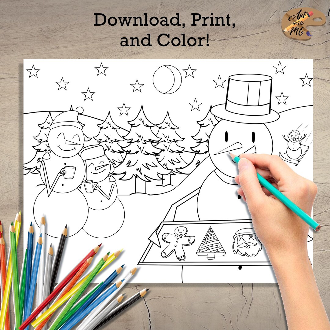 Holiday Snowmen Coloring Page Digital Download - Fun Winter Landscape ...