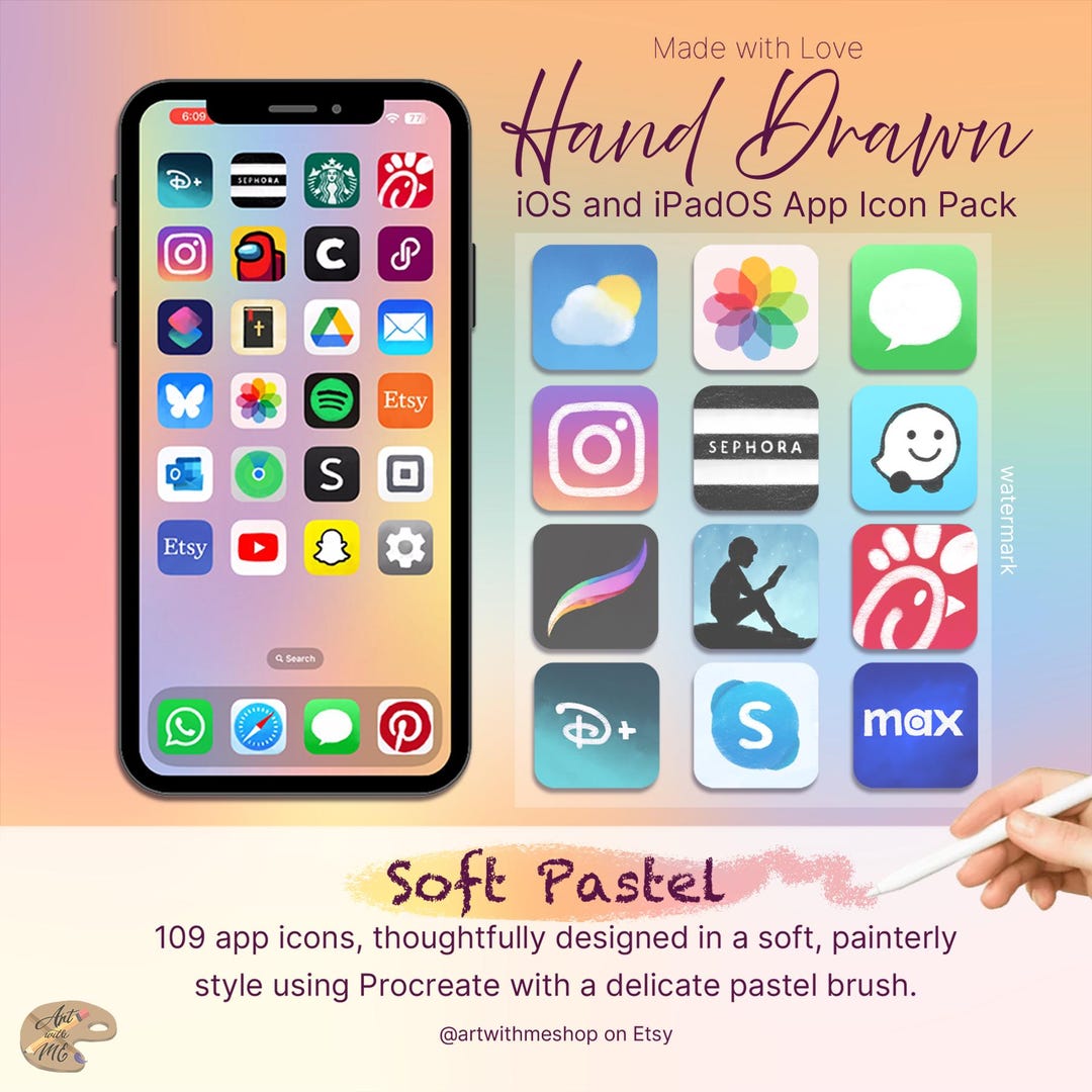 Hand-drawn Ios App Icons | Soft Painterly Aesthetic Ios Theme Pack ...