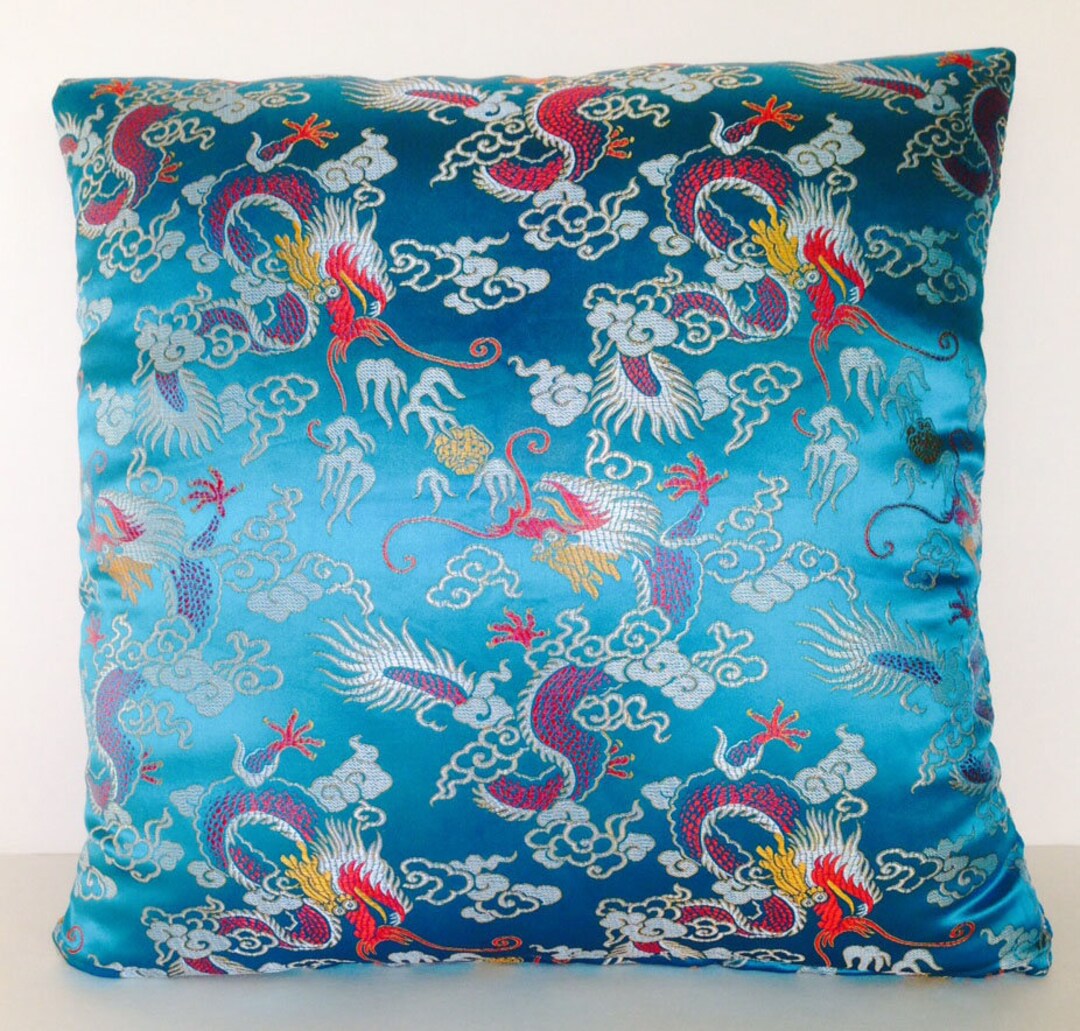 Square Throw Pillow Cover Aqua Blue Asian Chinese Oriental Embroidered ...
