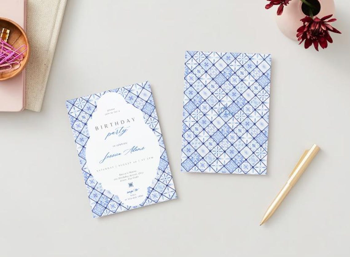 Blue Tile Mediterranean Birthday Card, Celebration Party Invitation ...