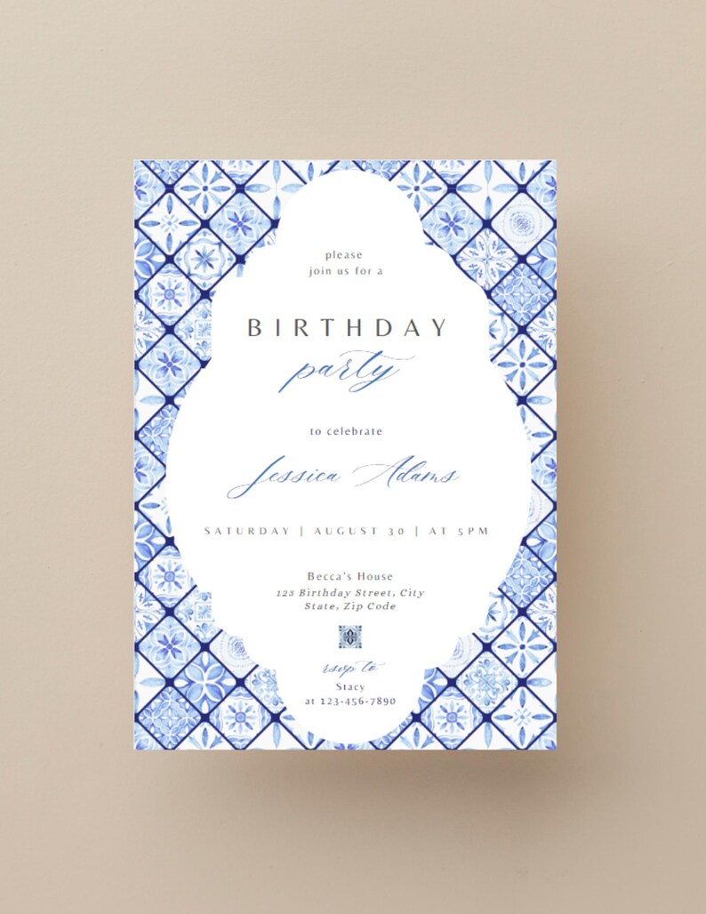 Blue Tile Mediterranean Birthday Card, Celebration Party Invitation ...