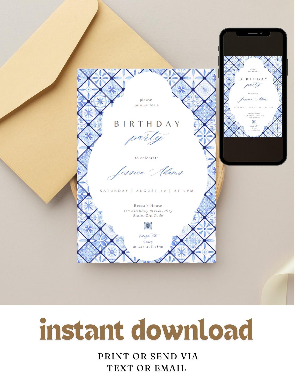 Blue Tile Mediterranean Birthday Card, Celebration Party Invitation ...