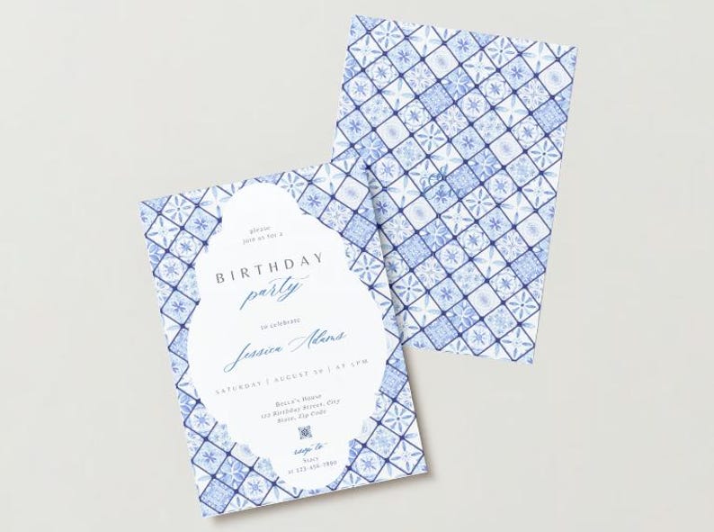 Blue Tile Mediterranean Birthday Card, Celebration Party Invitation ...