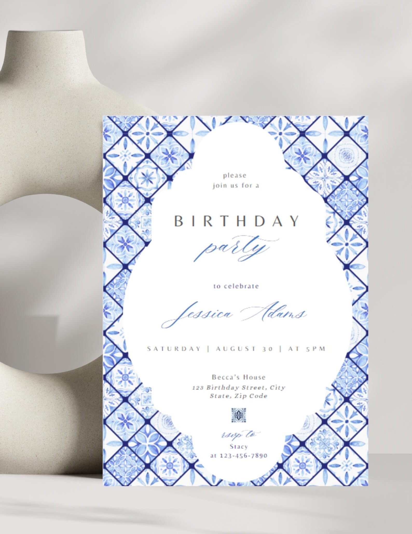 Blue Tile Mediterranean Birthday Card, Celebration Party Invitation ...