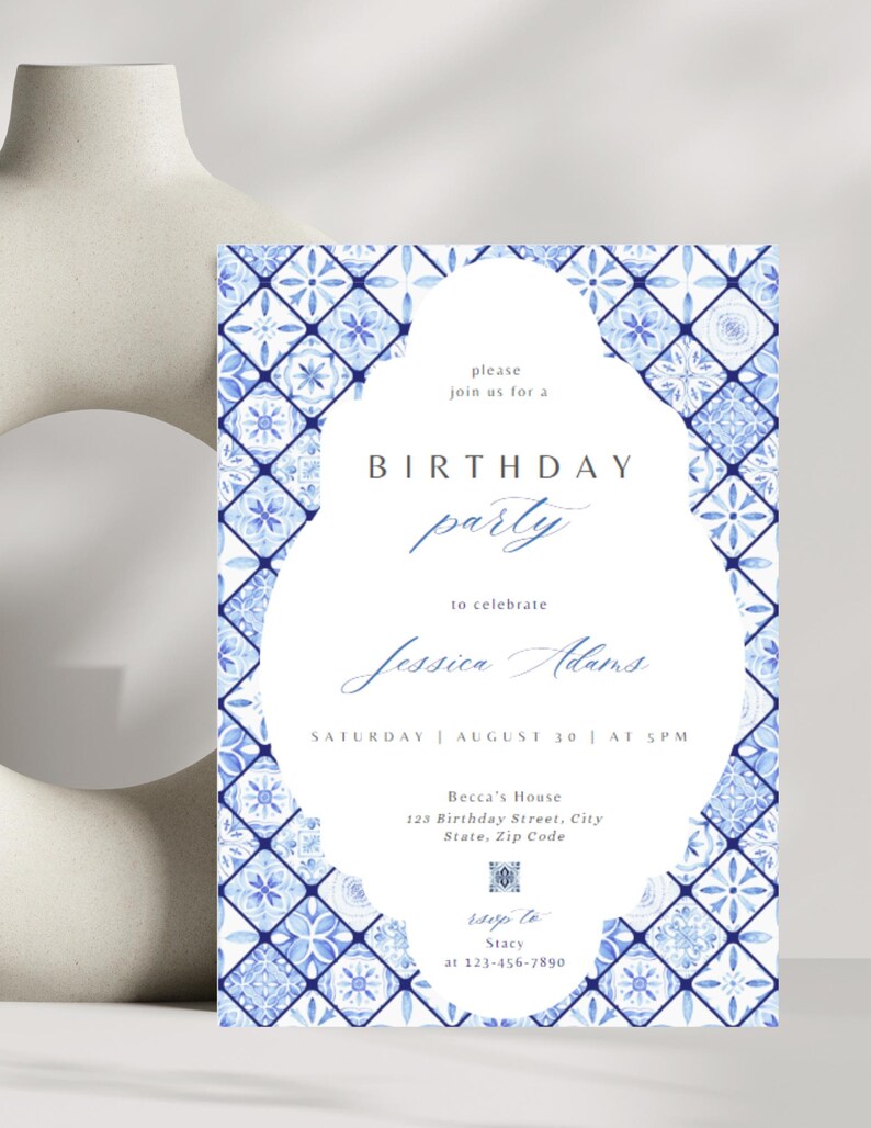 Blue Tile Mediterranean Birthday Card, Celebration Party Invitation ...