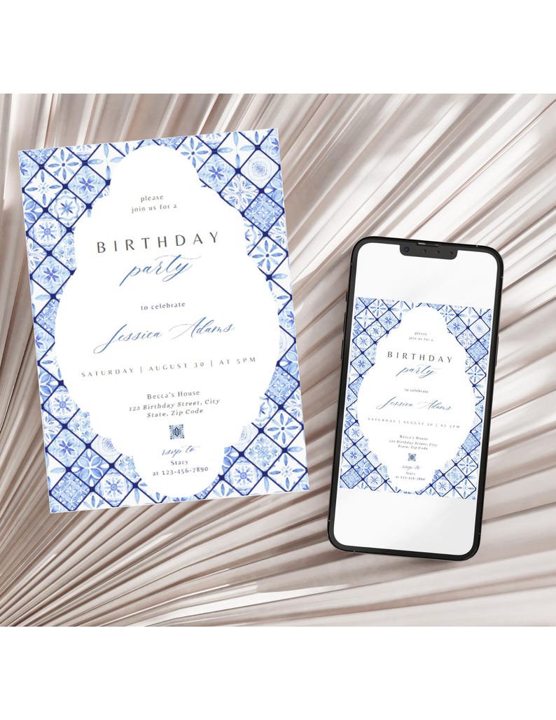 Blue Tile Mediterranean Birthday Card, Celebration Party Invitation ...