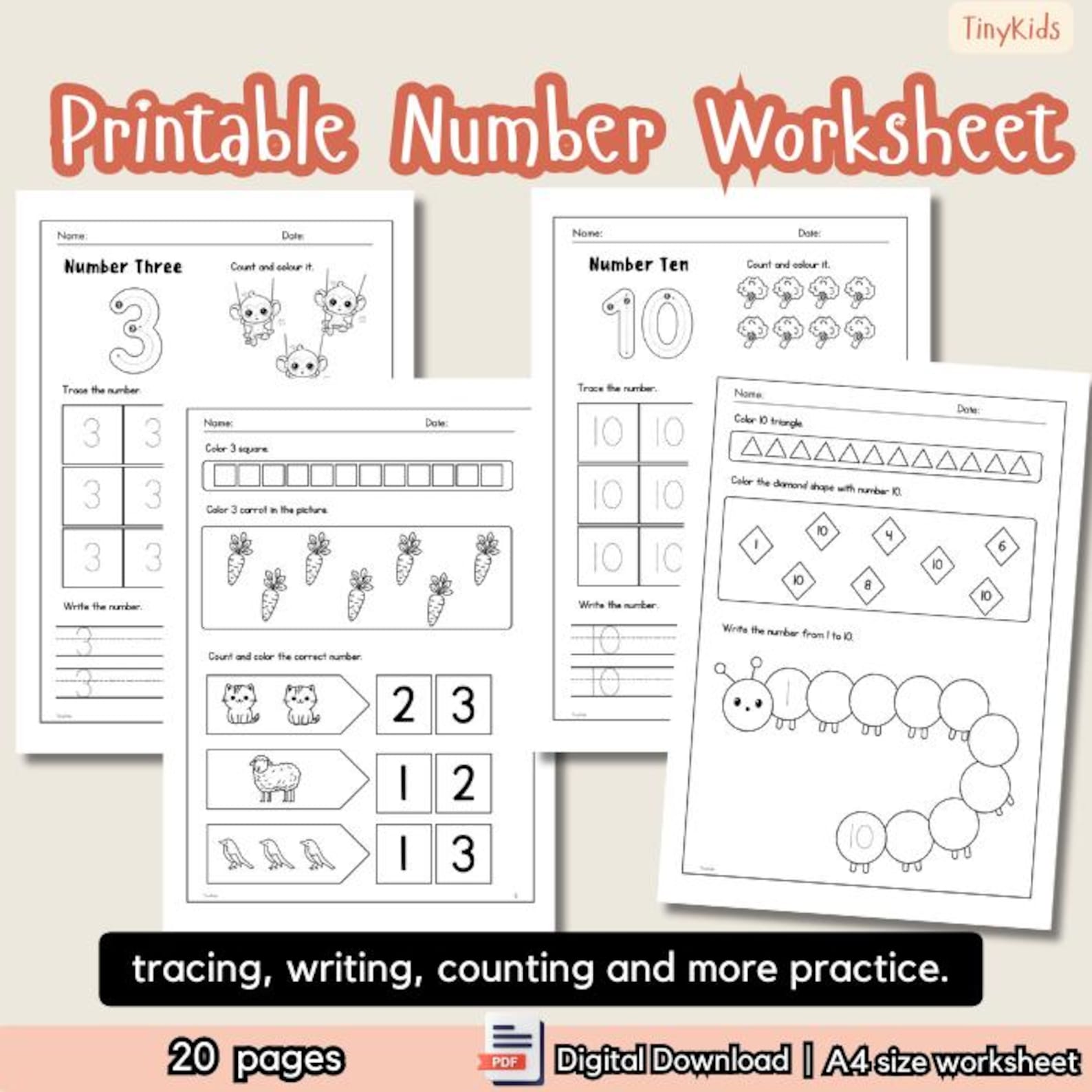 Printable Number 1 to 10 Learning Worksheets for Kindergarten ...