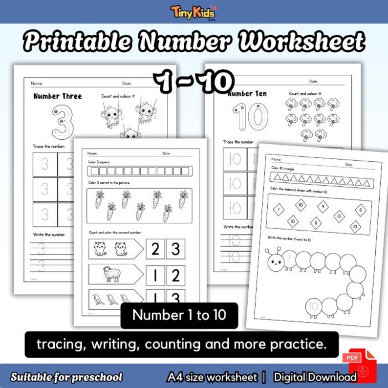 Printable Number 1-10 Worksheet for Preschool and Kindergarten| Number ...
