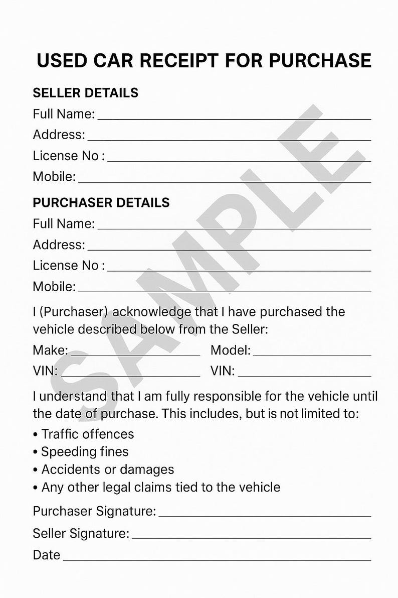 Used Car Purchase Receipt Template – Printable PDF for Private Vehicle ...
