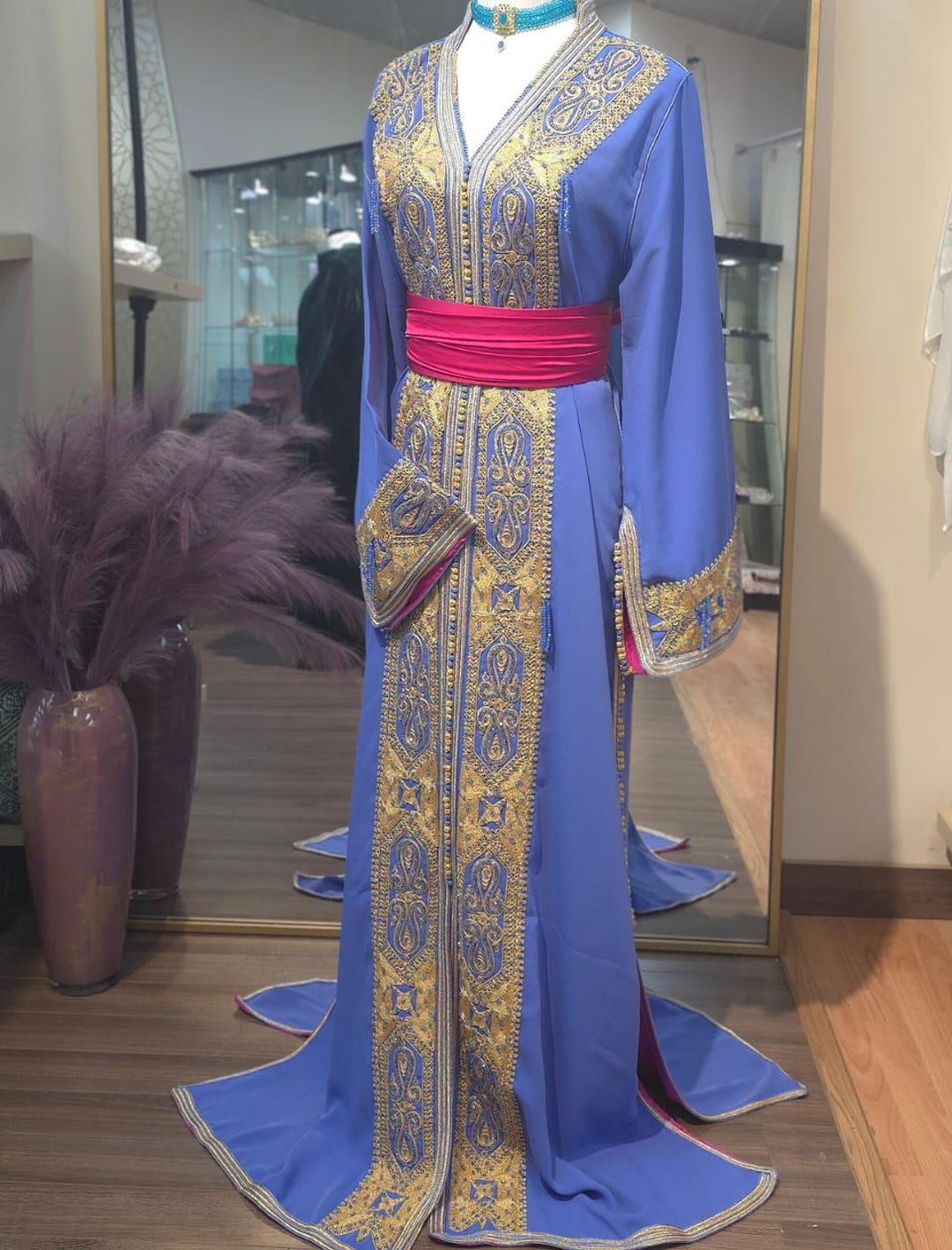 Caftan Malak Blue, Embroidered With Golden Threads, Moroccan Dress ...
