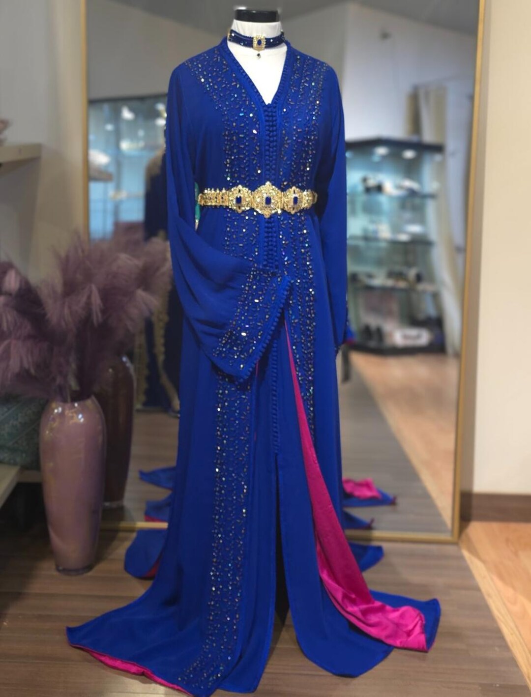 Royal Blue Moroccan Bride Kaftan: Luxury Crepe Abaya, Pink Lining,price ...