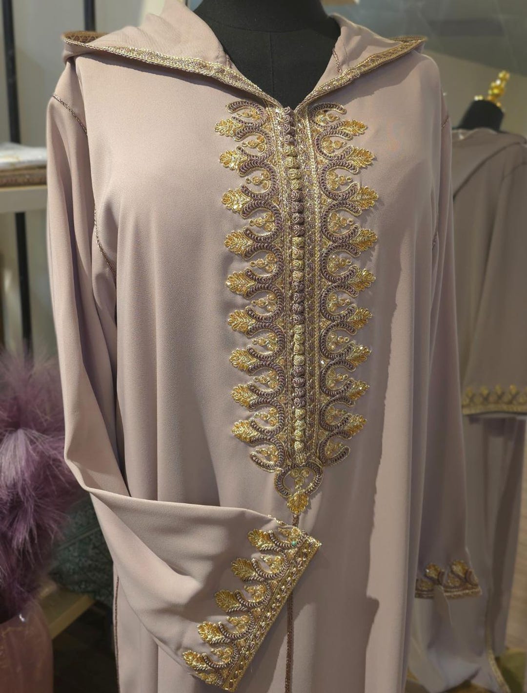 Moroccan Jellaba Aya Pastel Beige , Plain Tone and Gold Embroidery ...