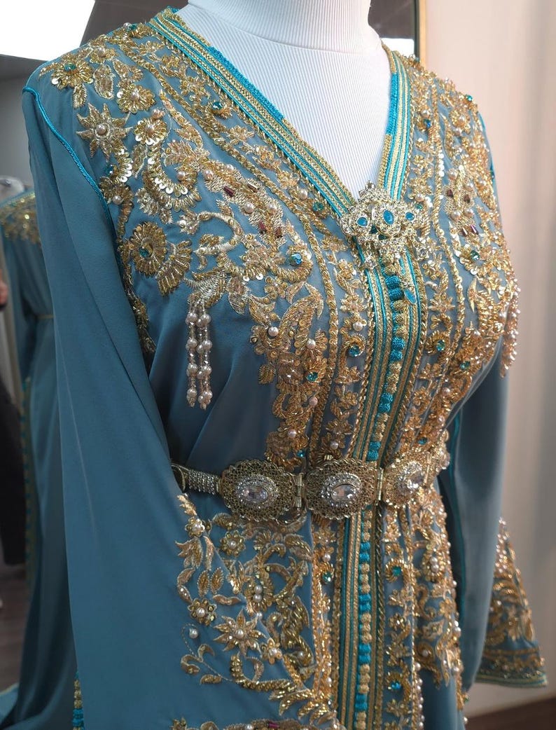 Caftan Maya Mint Greeen, Embroidered With Golden Threads, Moroccan Dress, Kaftan, Nikah Dress ...