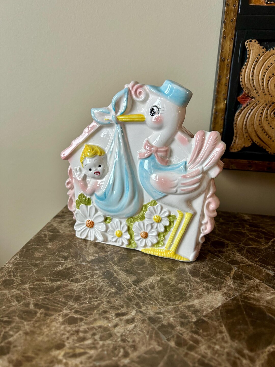 Vintage New Born Baby and Stork Planter, Made by Enesco, Mid Century ...