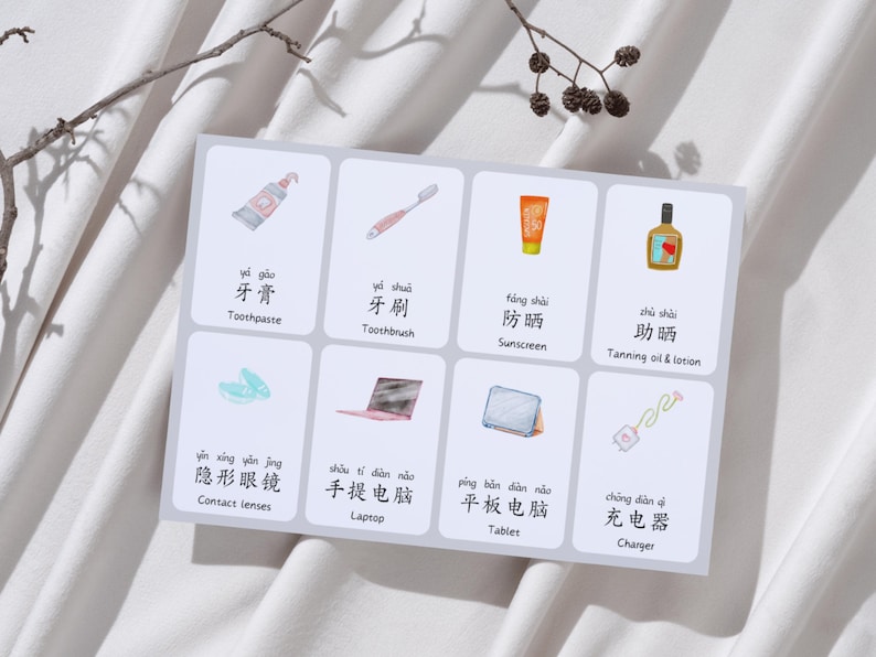 Chinese Flashcards - 32 Travel Packing List Items (instant Download ...