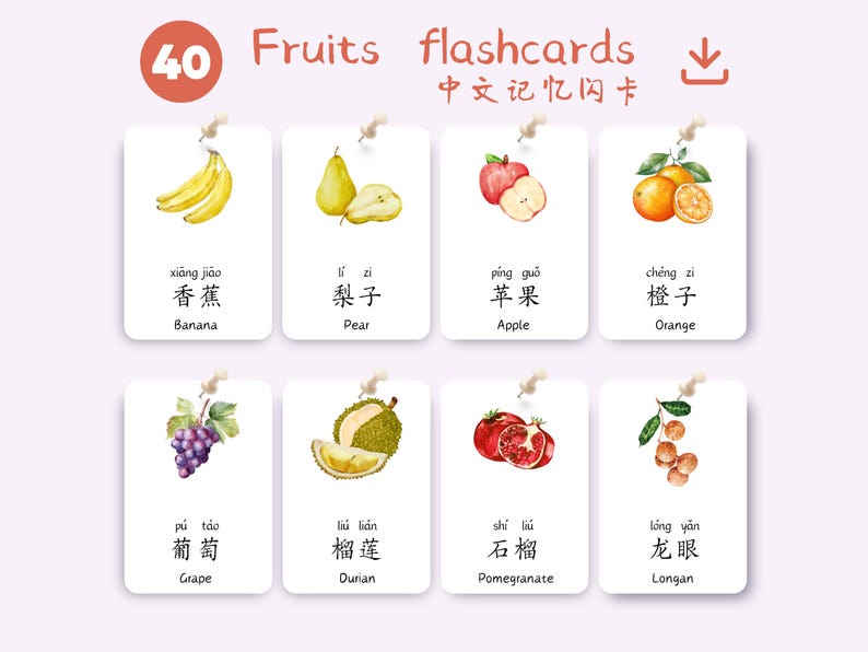 40 Common Fruits Chinese Flashcards Educational Games, Vocabulary ...