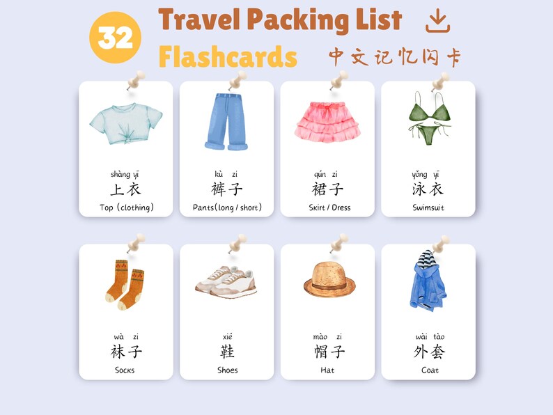 Chinese Flashcards - 32 Travel Packing List Items (instant Download ...