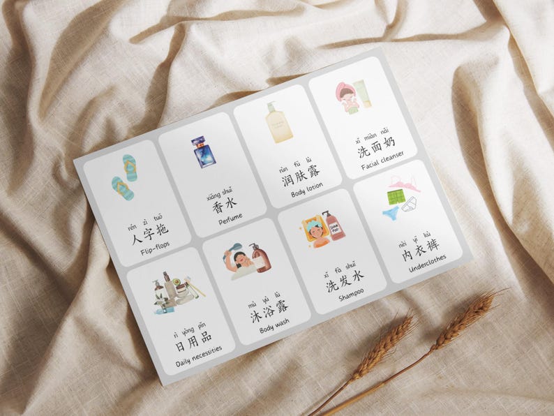 Chinese Flashcards - 32 Travel Packing List Items (instant Download ...