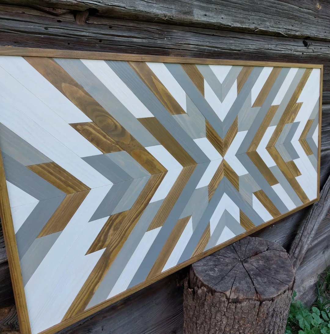 Geometric Wood Mosaic Wall Art, Handmade Wooden Barn Quilt, Rustic ...