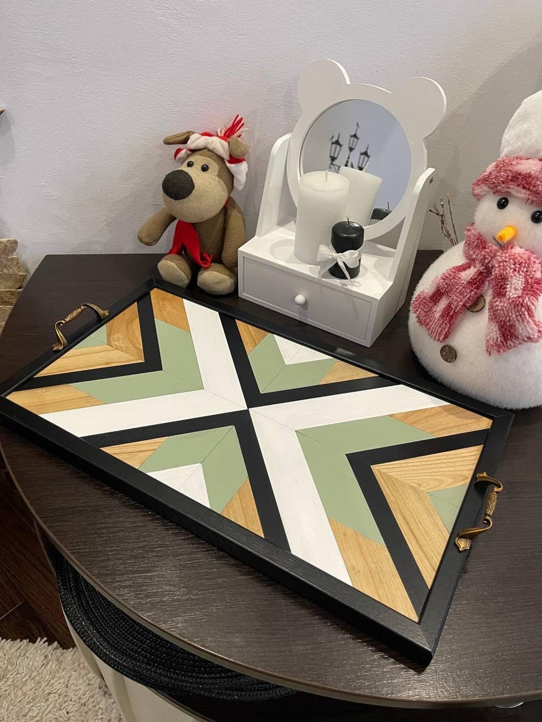 Large Barn Quilt Pattern Tray With Handles, Geometric Natural Wood ...