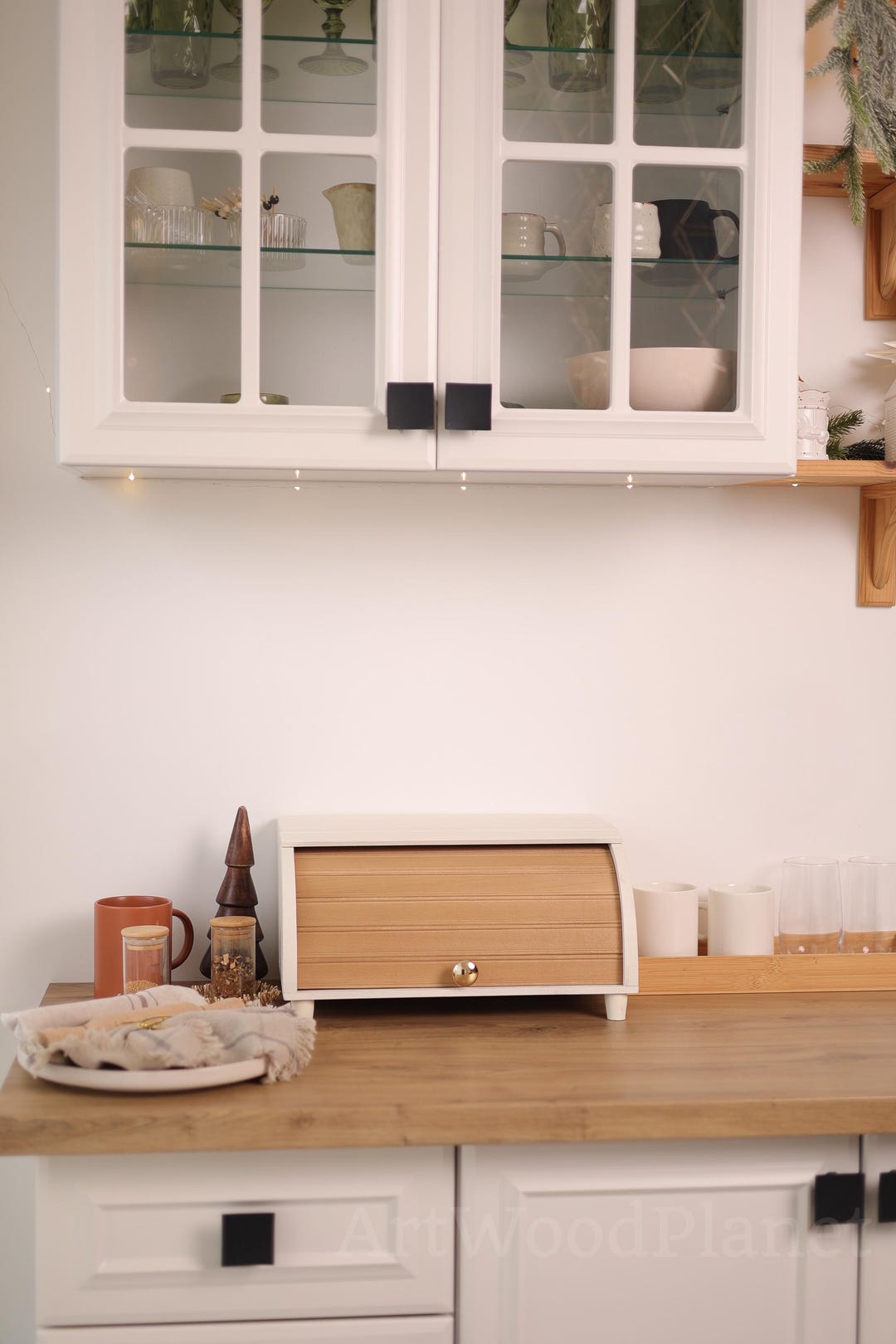 White Wooden Bread Box With Gold Handle, Beech Bread Bin With Roll-top ...